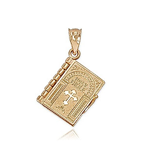 10K Yellow Gold 5/8" 3D Hinged Book with Pages Holy Bible with Lord’s Prayer Bottonee Cross Pendant Charm