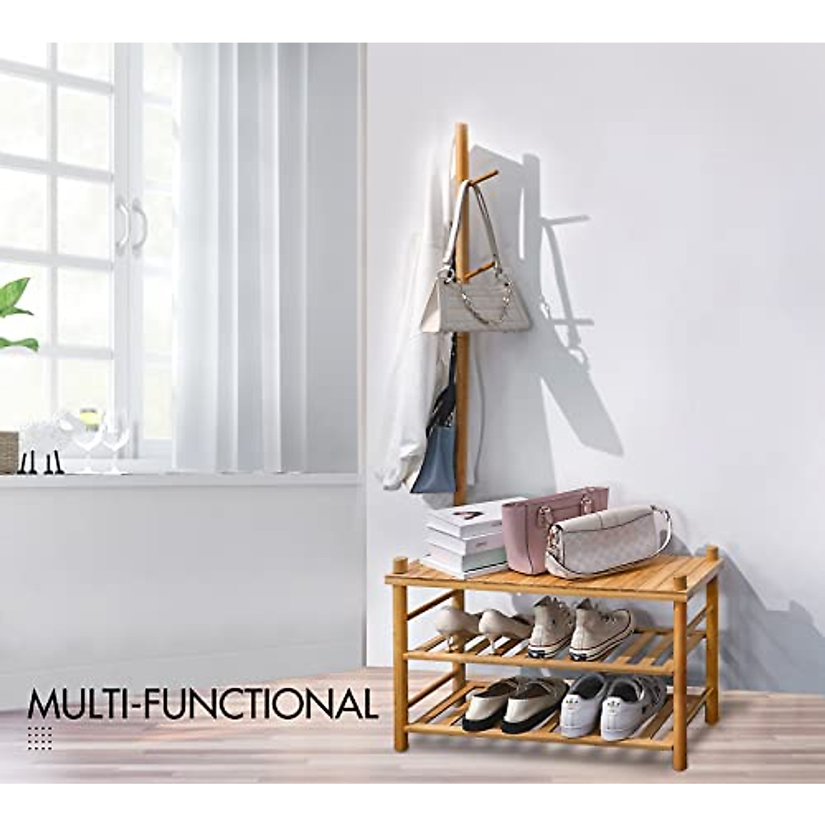 ZYBT Shoe Rack, Entryway Bench with Coat Rack, Hall Tree, 3 in 1 Design Bamboo Shoe Rack for Entryway, Multifunctional Shoe Bench, Free Standing Shoe Racks Shelf for Hallway Bedroom