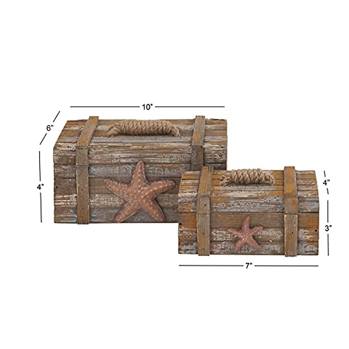 Deco 79 Wood Starfish Handmade Distressed Box with Knotted Rope Details, Set of 2 10", 7"W, Brown