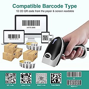 QR USB Barcode Scanner Wired Handheld Bar Code Scanner Reader JRHC Handheld USB Barcode Scanner Wired Automatic 2D 1D Bar Code Reader Plug and Play for Supermarket, Convenience Store, Warehouse…