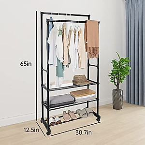 ZOES HOMEWARE Clothes Rack,Double Rod Clothing Rack on Wheels,Large Metal Heavy Duty Clothing Rack with 3 Shelves for Hanging Clothes,Black Rolling Clothes Rack, 65"x 31" x16"