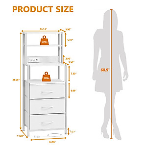 Furnulem Tall Nightstand with 4-Tier Shelves, Night Stand with 3 Fabric Drawers and Charging Station, Bedside Nightstand with Bookshelf, Bed Side Table for Bedroom, Home Office, Dorm (White)