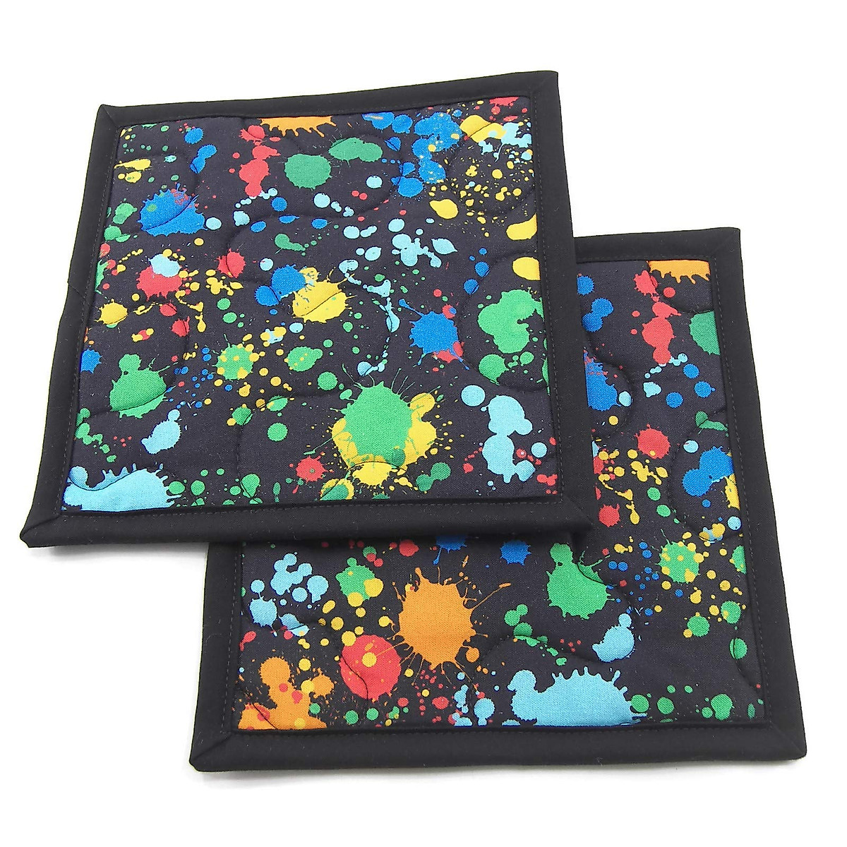 Colorful Hot Pads, Quilted Pot Holders - Color Splatters on Black Set of Two - 8 Inch Square