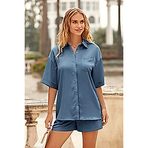 PRETTYGARDEN Women's 2 Piece Satin Pajama Sets Short Sleeve Button Down Tops And Shorts Set 2023 Summer Pjs Silk Sleepwear (Grey Blue,X-Large)