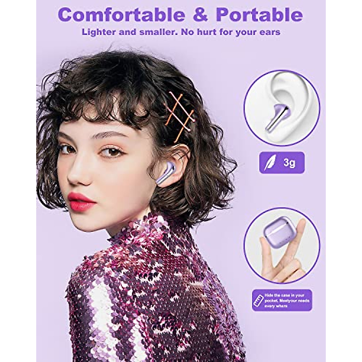 Wireless Earbuds Bluetooth 5.3 Headphones Built-in 4-Mic Clear Call in-Ear Ear Buds Noise Cancelling 30Hrs Playtime Earphones with USB-C Charging Case IPX7 Waterproof Earbuds for iPhone/Android Purple