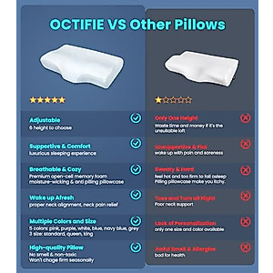 Octifie Adjustable Cervical Pillow for Neck and Shoulder Pain Relief, 5x Support Memory Foam Pillows for Sleeping, Orthopedic Contour Traction Pillow Odorless, Bed Pillow for Side Back Stomach Sleeper