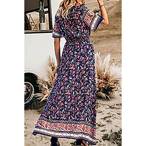 PRETTYGARDEN Women's Casual Summer Boho Floral Print Dress V Neck Short Sleeve High Waist Long Maxi Beach Dresses (Navy,Medium)