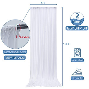 10x10ft White Backdrop Curtain for Parties Wrinkle Free Wedding Baby Shower Curtain Backdrops for Birthday Party Background Decorations White Fabric Drapes Photography Backdrop 5x10ft, 2 Panels