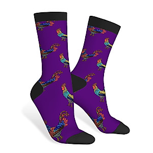 AOYEGO Roosters Funny Socks Colored Cock Poultry Retro Elegance Bantam Purple Novelty Casual Crew Socks Contrast Color Design for Women Men Gift