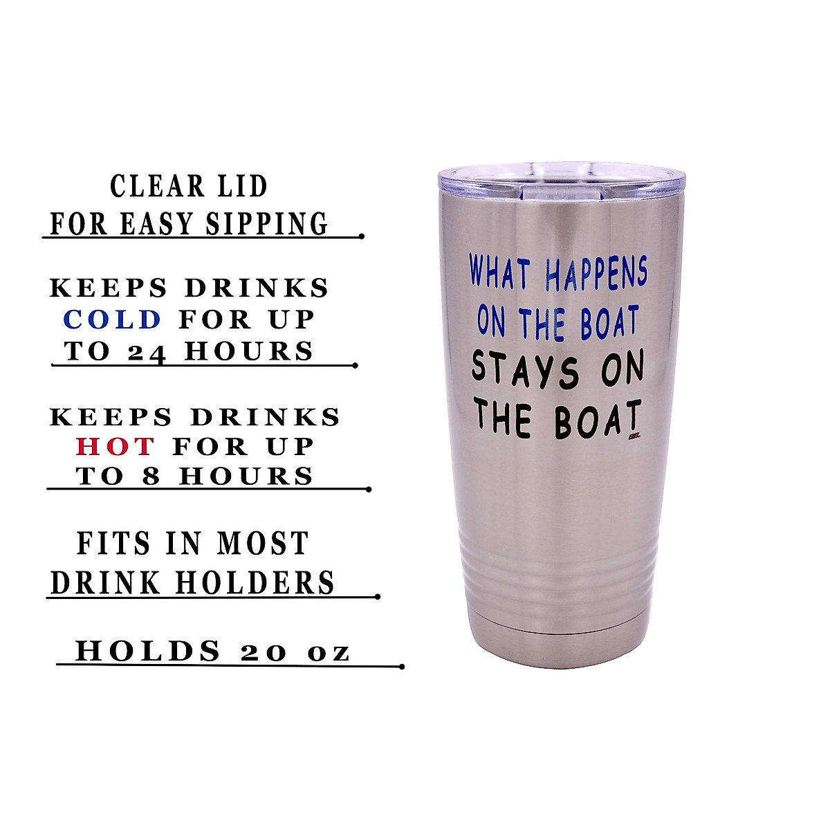 Rogue River Tactical Large Funny Fishing 20 Ounce Travel Tumbler Mug Cup w/Lid What Happens on The Boat Stays On The Boat Fishing Gift Fish