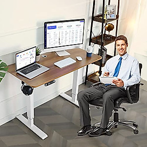 SIHANM Standing Desk Adjustable Height, 55in Rising Desks for Home Office with 2 USB Ports & 3 Power Outlets, and 6.5 ft Power Cord, Sit to Stand Desk with Double Crossbeam Structure, Walnut