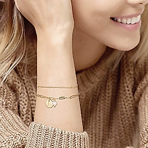 Gold Pearl Initial Bracelets for Women, 14K Gold Plated Layered Letter C Initial Bracelet Dainty Bead Charm Bracelets for Women Valentines Mother's Day Christmas Gifts for Women Gold Jewelry