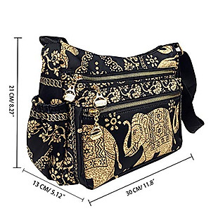 WONSHREE Elephant Purse Multi-Pocket Shoulder Bag Boho Crossbody Bag for Women Unisex Casual Nylon Travel Messenger Bag 11.8 X 7.8 Inch, Black