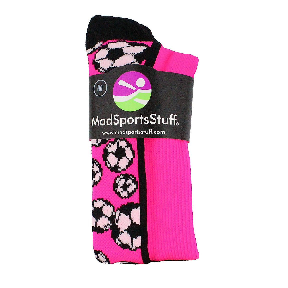 MadSportsStuff Crazy Soccer Socks with Soccer Balls over the calf (Neon Pink/Black, Medium)