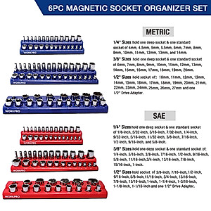WORKPRO Magnetic Socket Organizer Set, 6-Piece Socket Holder Set Includes 1/4", 3/8", 1/2" Drive Metric SAE Socket Trays, Holds 141 Pieces Standard Size and Deep Size Sockets(Socket not Included)