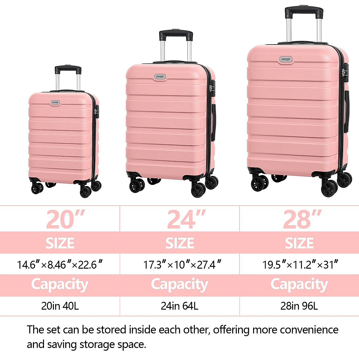 AnyZip Luggage Sets 3 Piece PC ABS Hardside Lightweight Suitcase with 4 Universal Wheels TSA Lock Carry On 20 24 28 Inch Pink