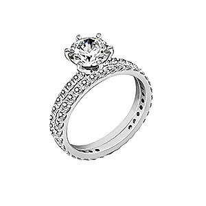 Amazon Essentials Platinum-Plated Sterling Silver Round Ring Set made with Infinite Elements Cubic Zirconia (1 Carat Center Stone), Size 7 (previously Amazon Collection)
