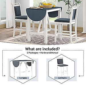 Harper & Bright Designs 3 Piece Counter Height Kitchen Dining Set with Drop Leaf Dining Table and 2 Dining Padded Chairs, Dining Room Set for Small Places, White