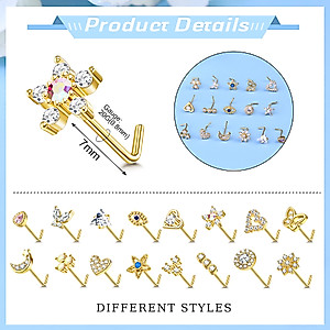 YADOCA 16 Pcs 20G Nose Studs Surgical Steel L Shaped Nose Rings Studs for Women Opal CZ Heart Butterfly Nose Piercing Jewelry Silver Rose Gold