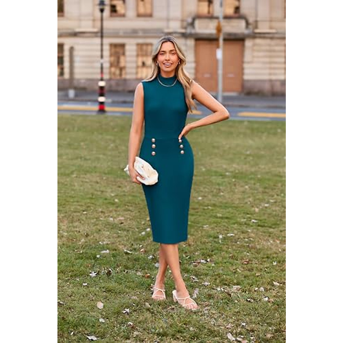 GRACE KARIN Wrapped Pencil Dresses for Women Work Office Short Sleeve Casual Bodycon Slit Dress Peacock Blue XL