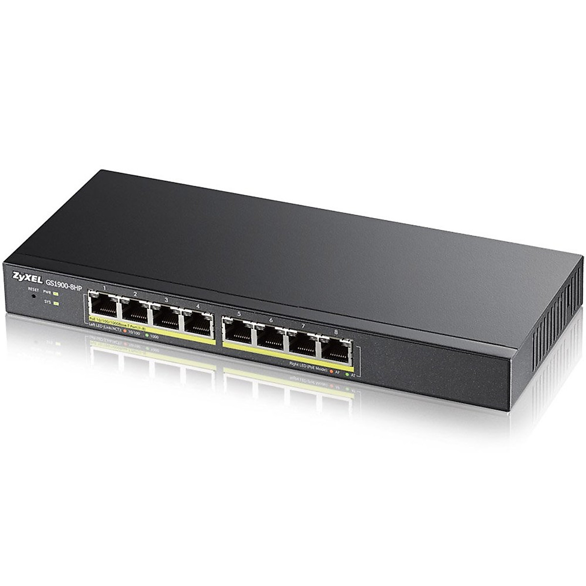 ZYXEL 8-Port PoE Switch Gigabit Ethernet Smart (GS1900-8HP REV 03F) - Managed, with 8x PoE+ @ 70W, Desktop or Wall mount. Limited Lifetime Protection