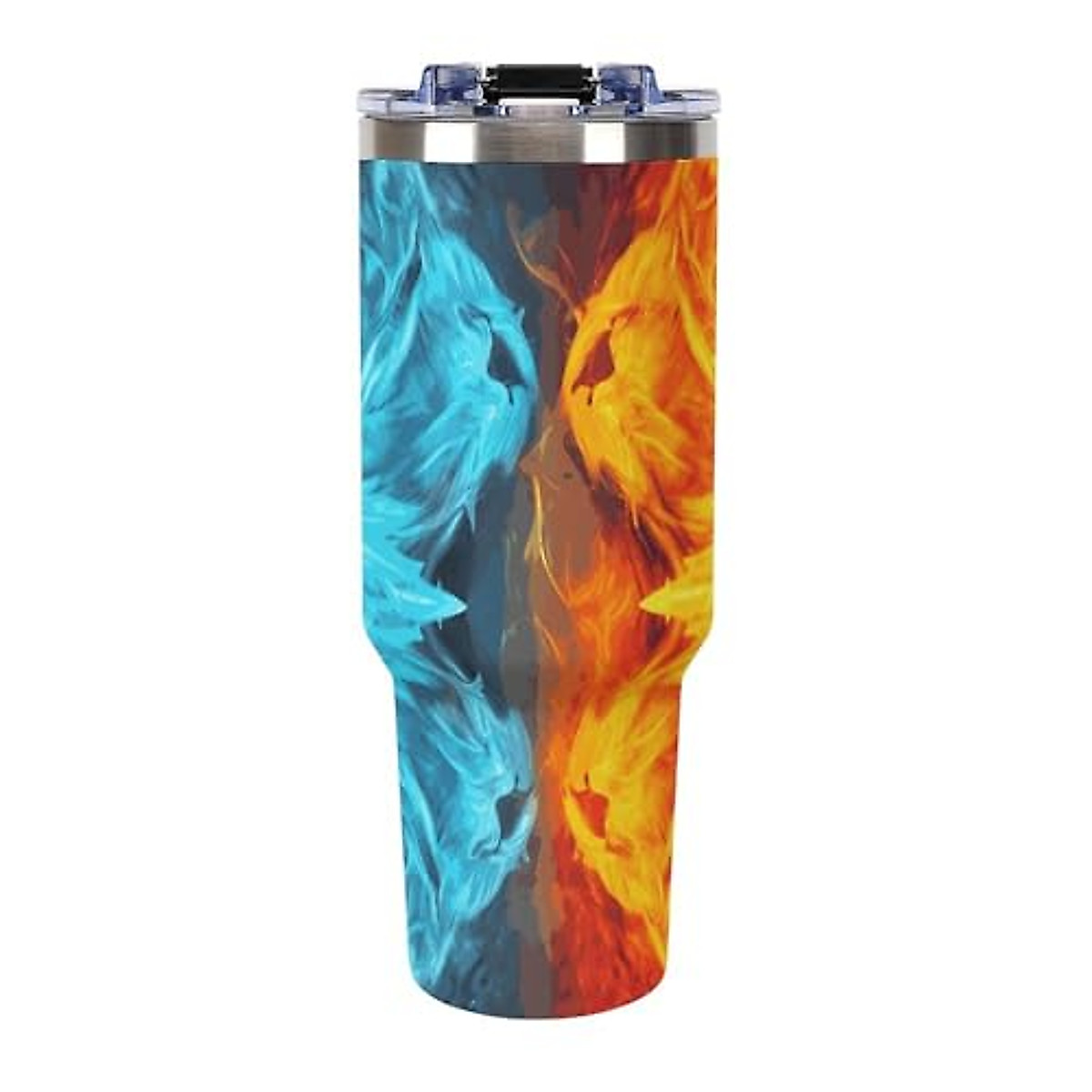 FJWKLRBV Fire Vs Ice Art 40 Oz Water Bottle, Stainless Steel Tumbler with Handle And Straw, Extra Large Insulated Tumbler, Flip Straw Tumblers for Sports, Work, Car, Travel And Weekends