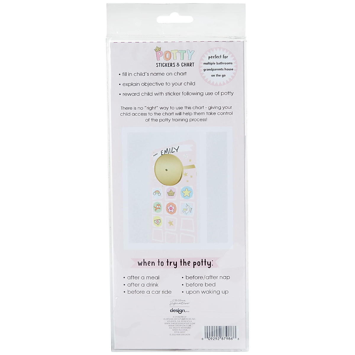 C.R. Gibson BTDK-24937 Super Princess Stickers and Hanging Door Knob Reward Chart Potty Training Tool for Girls, 3.5" W x 15.4" H, Multicolor, 36 Stickers