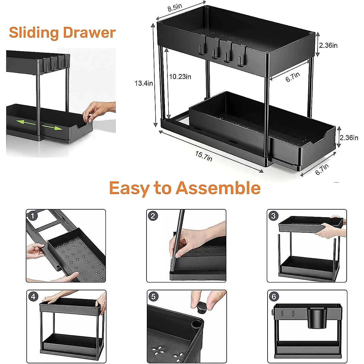 EYOBE Under Sink Organizer 2 Pack, 2-Tier Sliding Cabinet Organizer with Hooks and Hanging Cup, Multi-Use Under Sink Organizers and Storage for Kitchen Bathroom Office Laundry Room, Black
