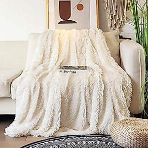 Decorative Extra Soft Faux Fur Blanket Twin Size 70" x 78",Solid Reversible Fuzzy Lightweight Long Hair Shaggy Blanket,Fluffy Cozy Plush Fleece Comfy Microfiber Blanket for Couch Sofa Bed,Cream White