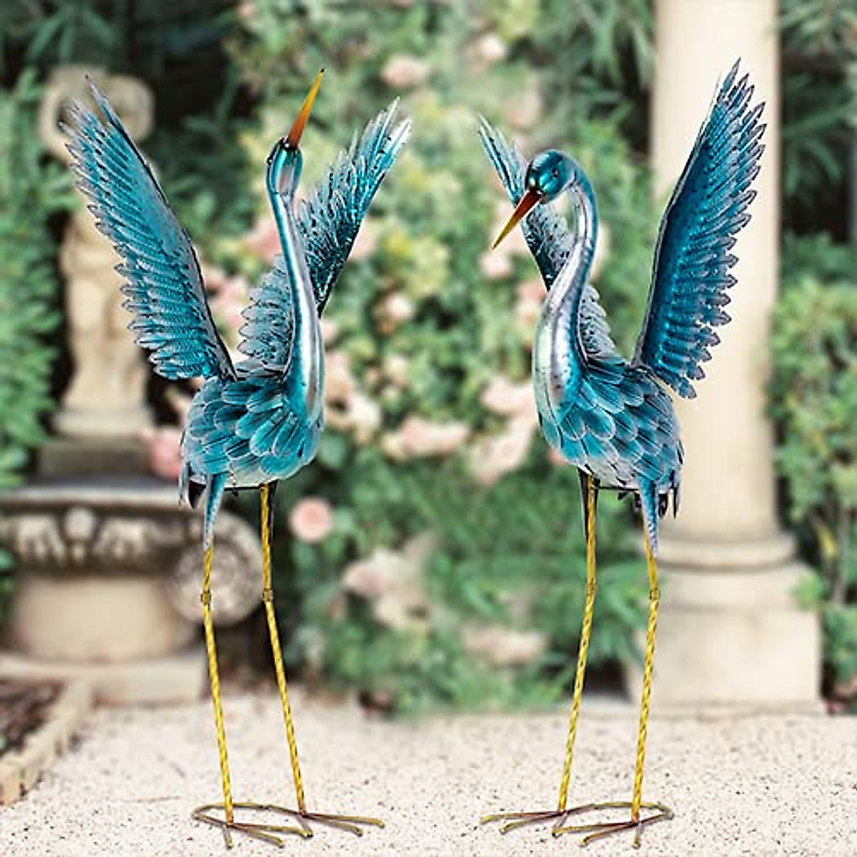 Natelf Garden Crane Statues for Outdoor, Blue Heron Decoy Garden Sculptures, Standing Metal Bird Yard Art for Patio Pond Backyard Decor(Set of 2)
