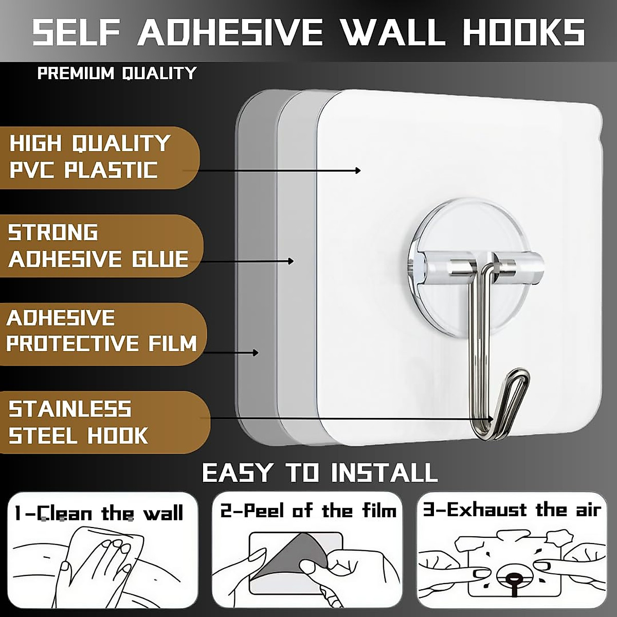 BrapWrap Adhesive Hooks, 24 Pack, Self Adhesive Transparent Waterproof Sticky Hooks, Heavy Duty Self Adhesive Hooks Stick on Bathroom Kitchen Office Outdoors, Transparent Sticky Hooks for Hanging