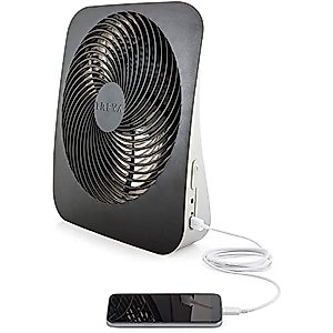 Treva 10-Inch Portable Desktop Battery Fan, Powered by Battery and/or AC Adapter - Air Circulating with 2 Cooling Speeds, With Built In USB Charging Port