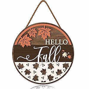 Hello Fall Door Sign 12"x12" Maple Leaves Door Hanger,Autumn Welcome Sign Wall Decor Fall Hanging Sign Rustic Farmhouse Wooden Wall Art for Home Wall Front Door Porch Outdoor Indoor Decoration