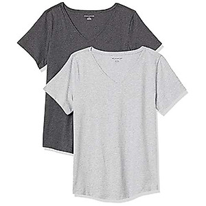 Amazon Essentials Women's Classic-Fit 100% Cotton Short-Sleeve V-Neck T-Shirt (Available in Plus Size), Pack of 2, Charcoal Heather/Light Grey Heather, Medium