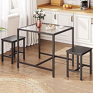 HOOBRO Dining Table Set, Glass Bar Table and Chair Set, Kitchen Table and Chairs with 2 Bar Stools, 3-Piece Bar Height Table and Chairs for Living Room, Dining Room, Party, Black BK80CZ01