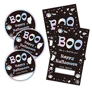 Boo! Happy Halloween Stickers Set - Laser Pumpkins - 40 Self-Adhesive Labels, Round & Tag Shaped, Each 20 Pcs for Gift Wrapping, Goodie Bag, Party Supplies for Halloween Decoration-B04