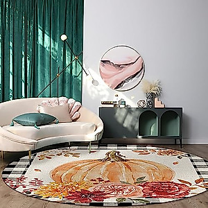 Fall Thanksgiving Round Area Rug 3ft,Washable Outdoor Indoor Carpet Runner Rug for Bedroom,Kitchen,Living Room,Office,Area+Rug Small Bath Door Desk Floor Mat Autumn Pumpkin Flower Leaves Plaid Check