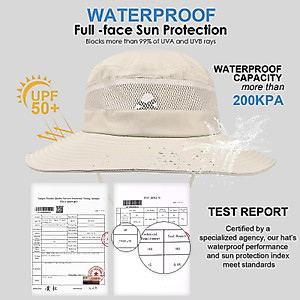 Waterproof Bucket Sun Hat for Women Wide Brim Breathable Mesh UPF50+ Safari Hat Criss Cross Ponytail Hole Outdoor Rain Hat Beige