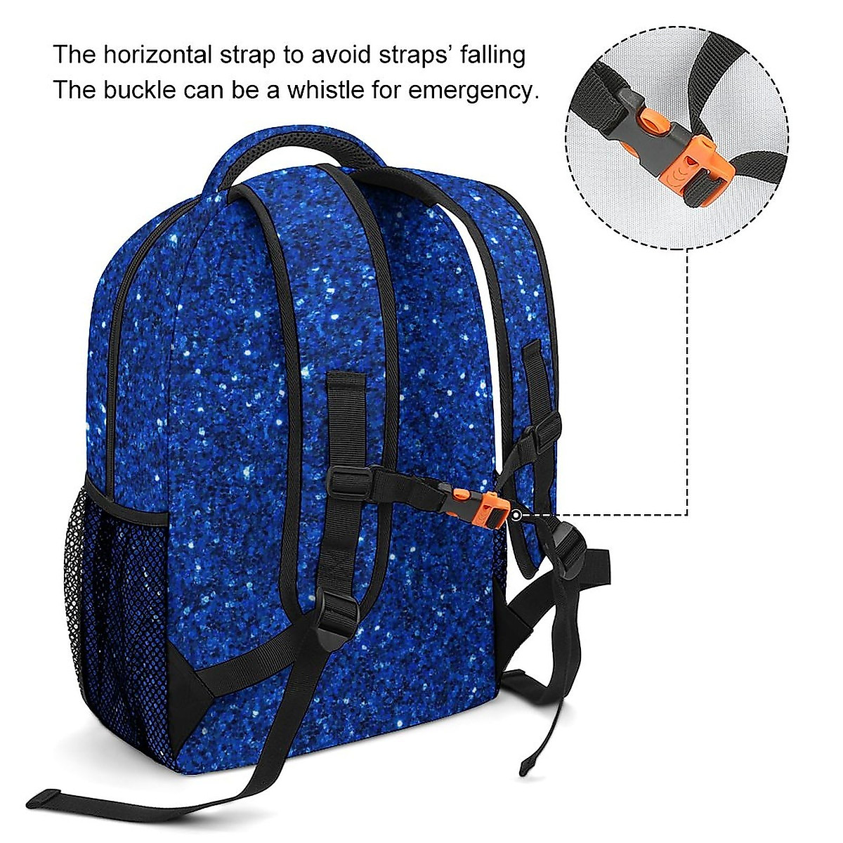 MEIKKO Navy Blue Glitter Backpack Bling Shiny 3d Large computer Bags with Chest Strap,Lightweight Casual Daypack for Women Men Hiking Travel Work and Business 16 Inch