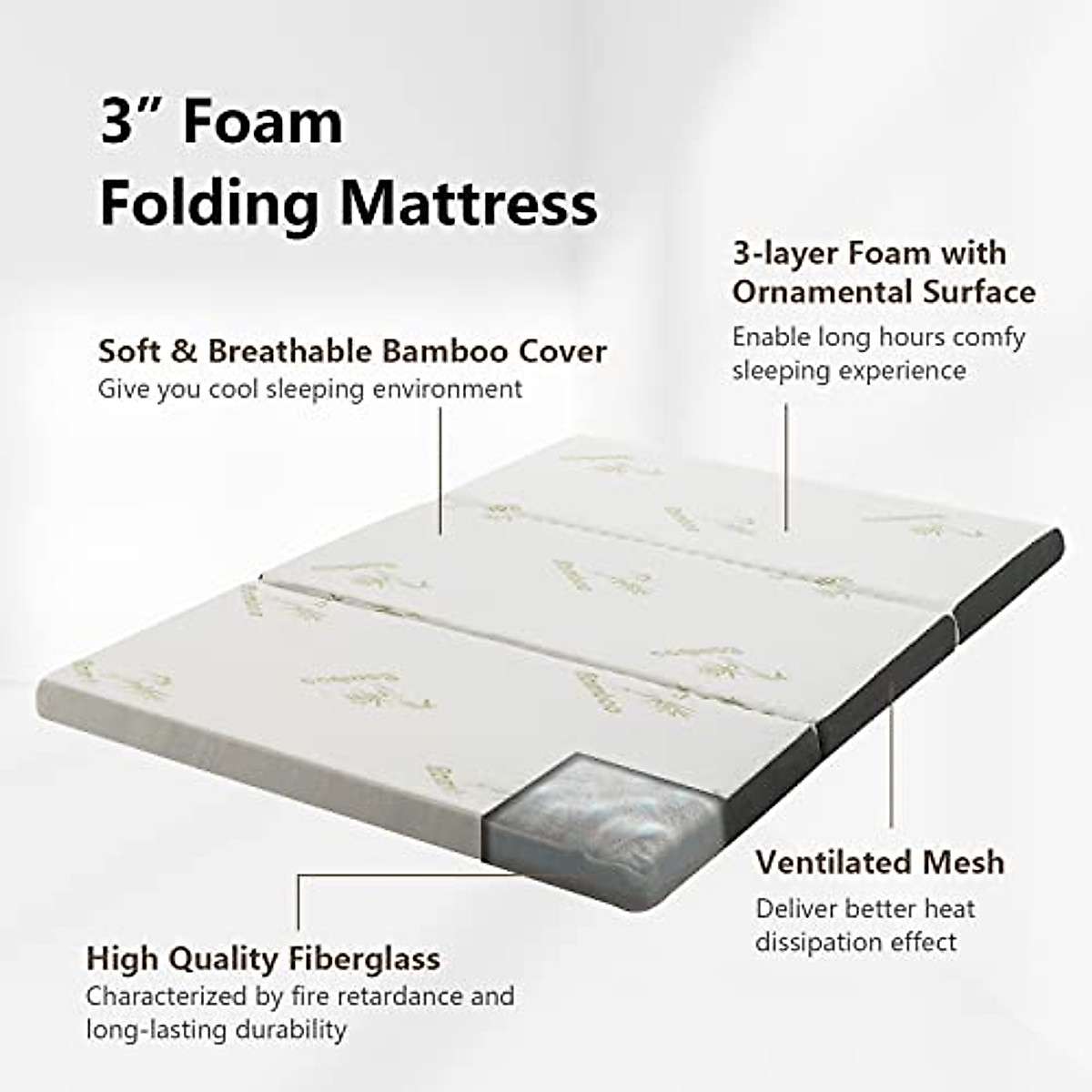 Giantex Folding Mattress Queen, 3” Tri-fold Memory Foam Mattress, Foldable Mattress Topper w/Soft Bamboo Cover, Portable Mattress w/Carrying Bag for RV Camping Guest Bed, CertiPUR-US Certified (Queen)