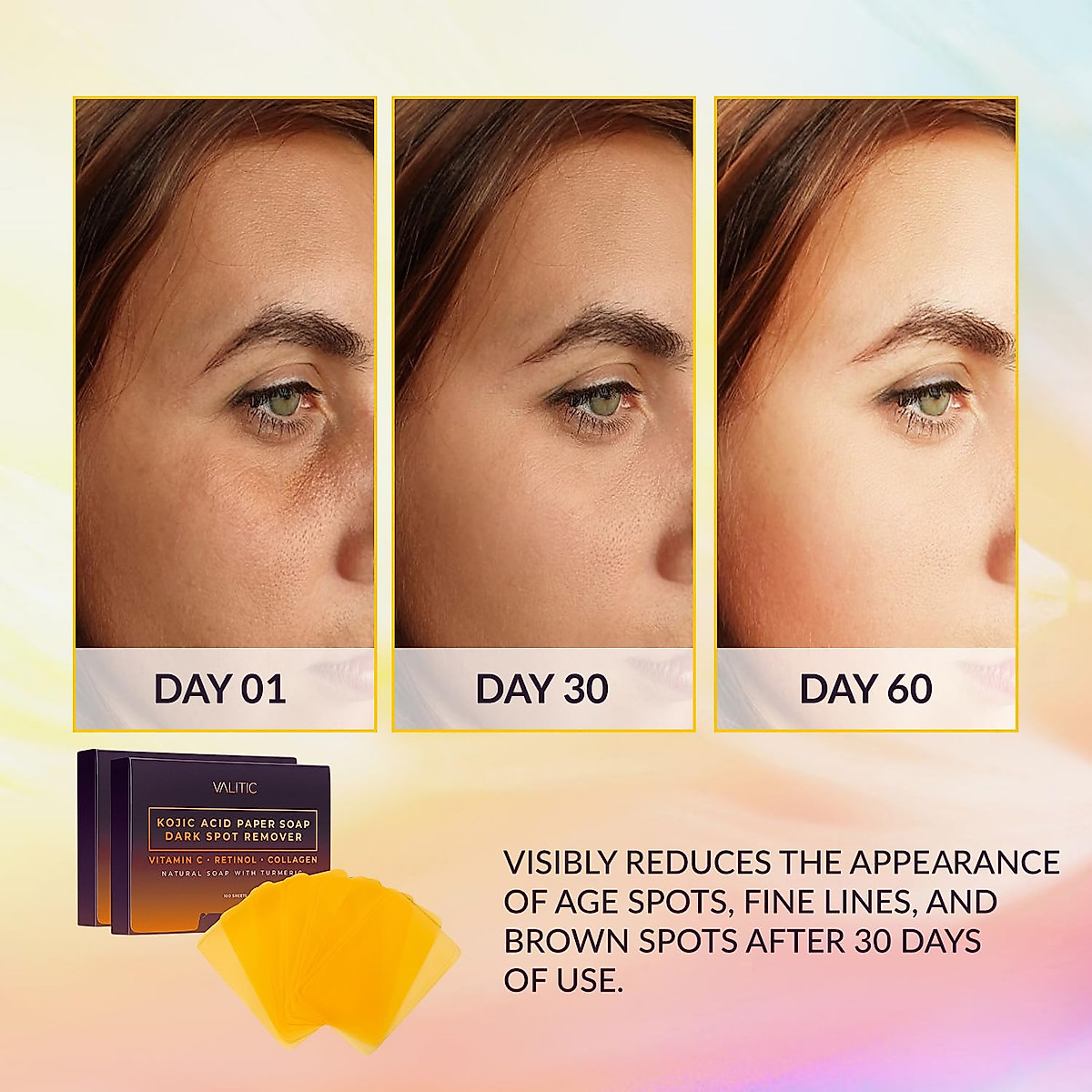 VALITIC Kojic Acid Dark Spot Corrector Paper Soap - Travel Size - 100 Portable and Dissolvable Soap Sheets - with Vitamin C, Retinol, Collagen and Turmeric - 2 Pack