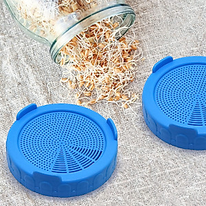 GDFYMI Sprouting Lids for Wide Mouth Mason Jars, Plastic Canning Jar Strainer Lids, Mason Jar Pour Spout Lid, Bean Screen Microgreens Growing Kit Suit for Grow Bean Sprouts (86mm, 3 Green + 3 Blue)