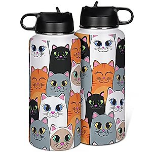 Greenieey Colorful Cats Insulated Water Bottle with Straw for Sports and Travel,Stainless Steel Thermos Flask for Adults＆Kids White 1000ml (32oz)