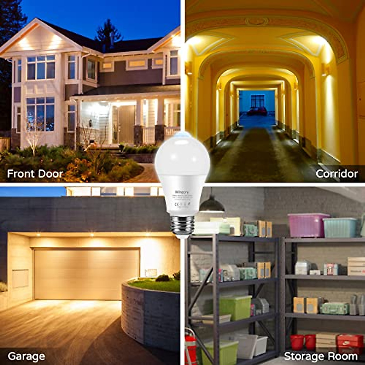 Minpory Motion Sensor Light Bulbs Outdoor, Movement Activated Dusk to Dawn LED Security Bulbs, 13W(100W Equivalent) A19 E26 5000K Daylight Cool White for Garage Porch Basement Hallway Closet, 2 Pack