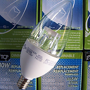 (Case of 6) TCP LED5E12B1127K 5-Watt LED E12 Chandelier Base 2700K Dimmable Lamp - Blunt Tip
