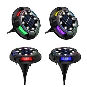 JHBOX Solar Ground Lights Outdoor Waterproof for Garden Decor 4 Pack 12 LED Lights, Christmas Decorations Sturdy Color Changing Solar Disk Lights for Deck, Yard, Pathway, (Top Cold Light)