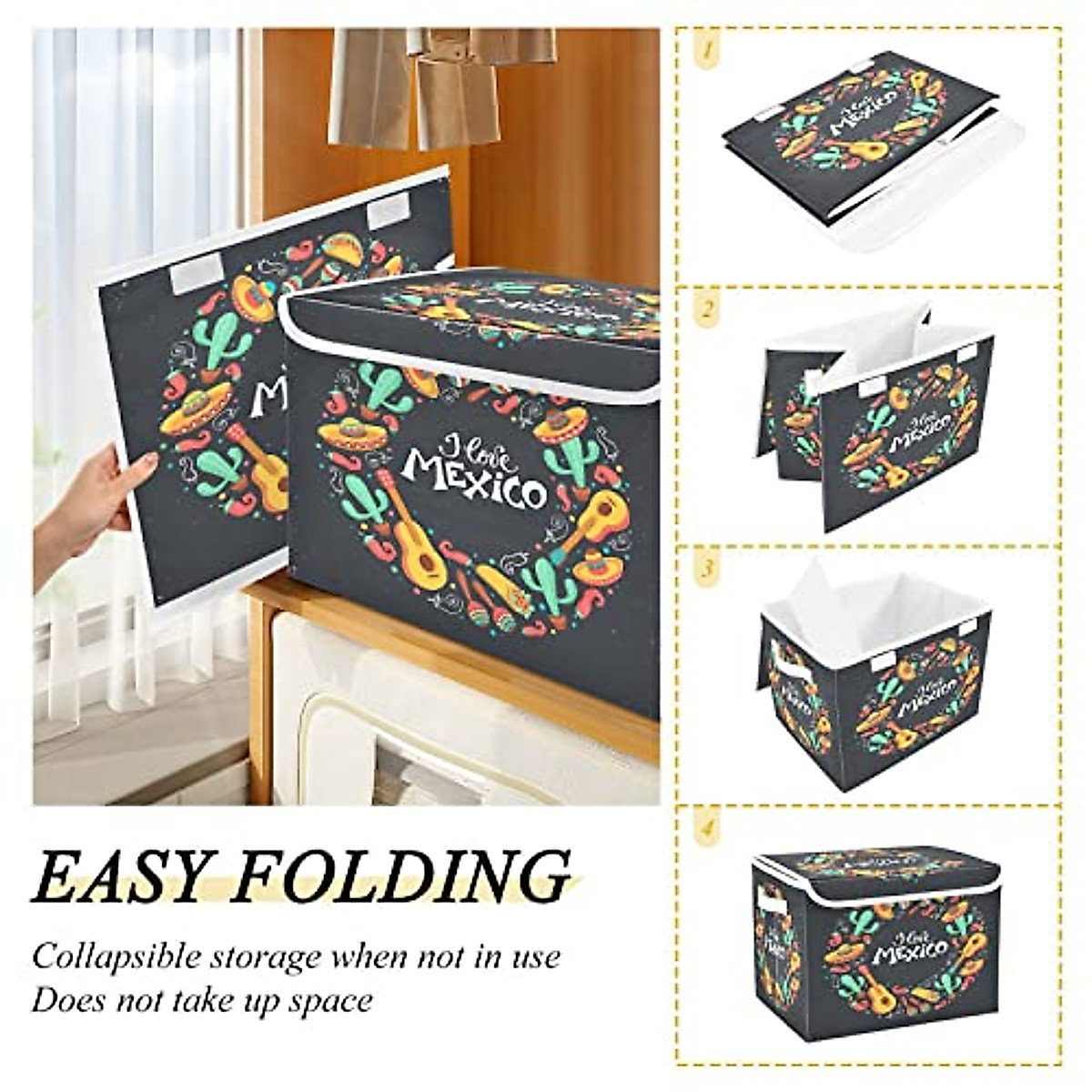 Kigai Mexico Pattern Storage Basket with Lid Collapsible Storage Bin Fabric Box Closet Organizer for Home Bedroom Office 1 Pack