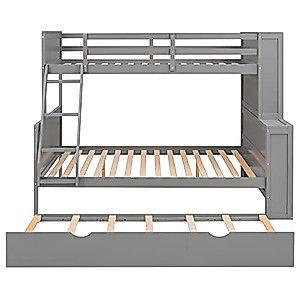 MERITLINE Twin Over Full Bunk Bed with Trundle and Storage Shelves, Solid Wood Bunk Bed Frame, can be Separated into Three Separate Platform Beds, Gray