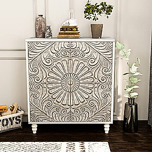HOMPUS Accent Cabinet with Pattern Doors and Shelf, Wood Grain Rustic Buffet Sideboard, Coffee Bar Storage Cabinet for Living Room, Kitchen, Bedroom, Light Grew
