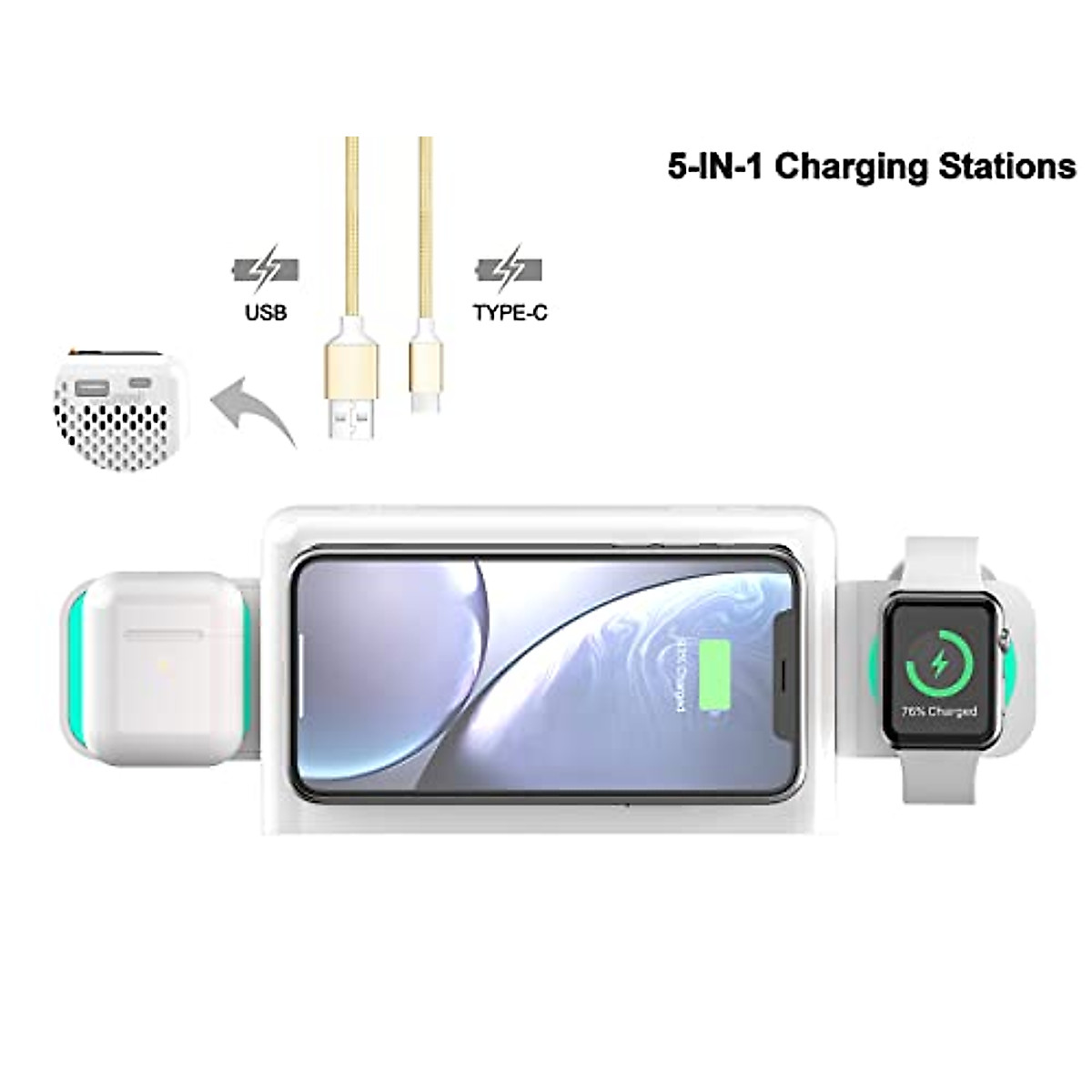 Emerson Radio Smartset Alarm Clock FM Radio with Wireless Charging, Bluetooth Speaker, Fast Charging for Airpods/iPhone, Foldable Stand, USB Charger, Adjustable LED Glow, ER100501, Black/Neon